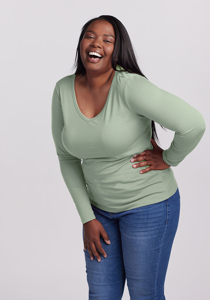 Womens V Neck Merino Wool Long Sleeve Top - Woolx Layla -Free Shipping