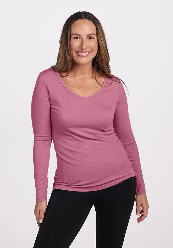 Womens V Neck Merino Wool Long Sleeve Top - Woolx Layla -Free Shipping
