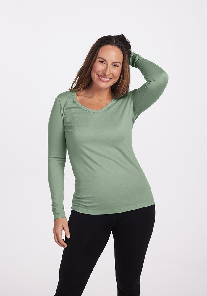 Womens V Neck Merino Wool Long Sleeve Top - Woolx Layla -Free Shipping