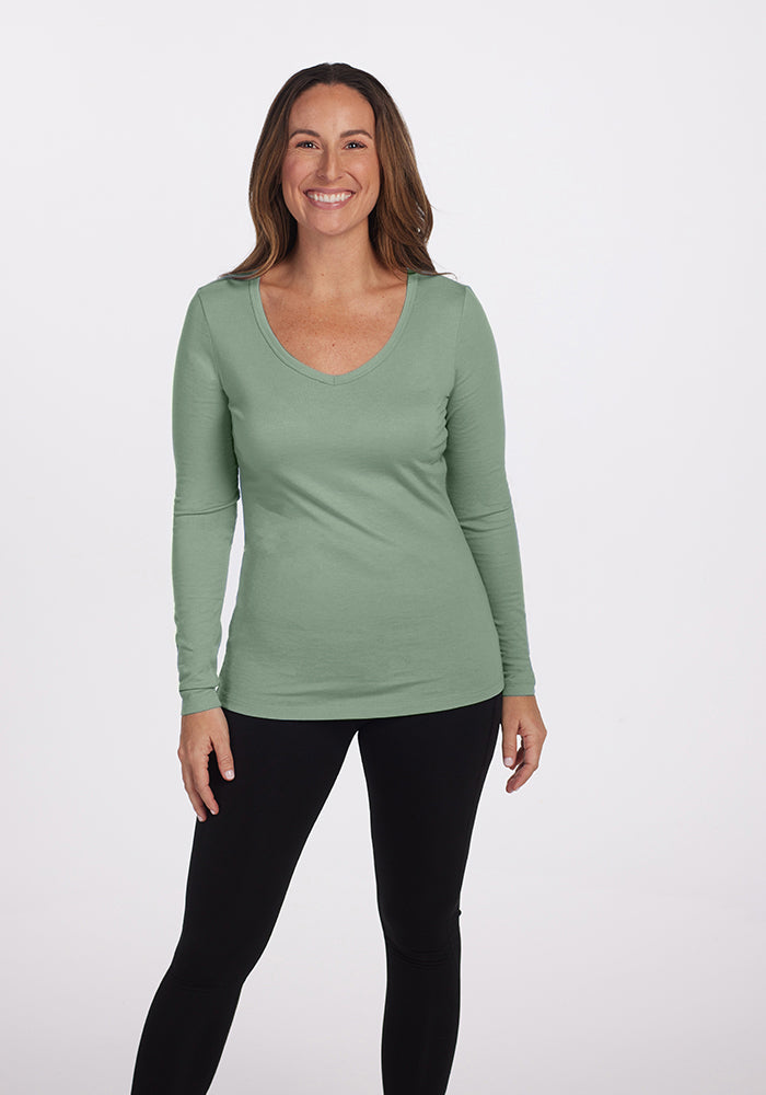 Womens V Neck Merino Wool Long Sleeve Top - Woolx Layla -Free Shipping