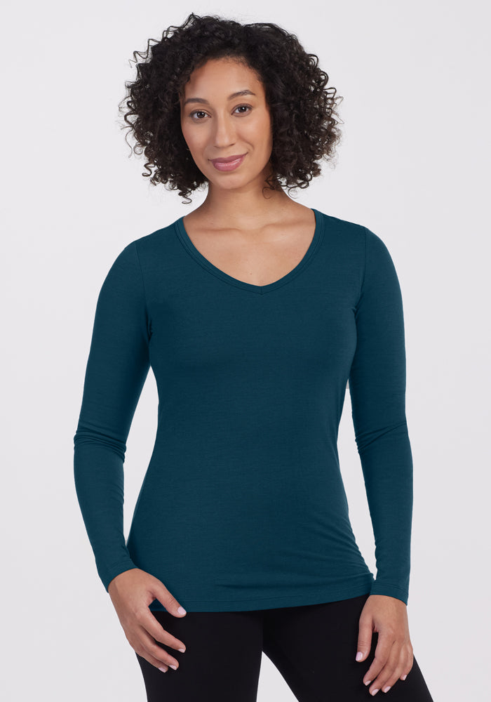 Womens V Neck Merino Wool Long Sleeve Top - Woolx Layla -Free Shipping