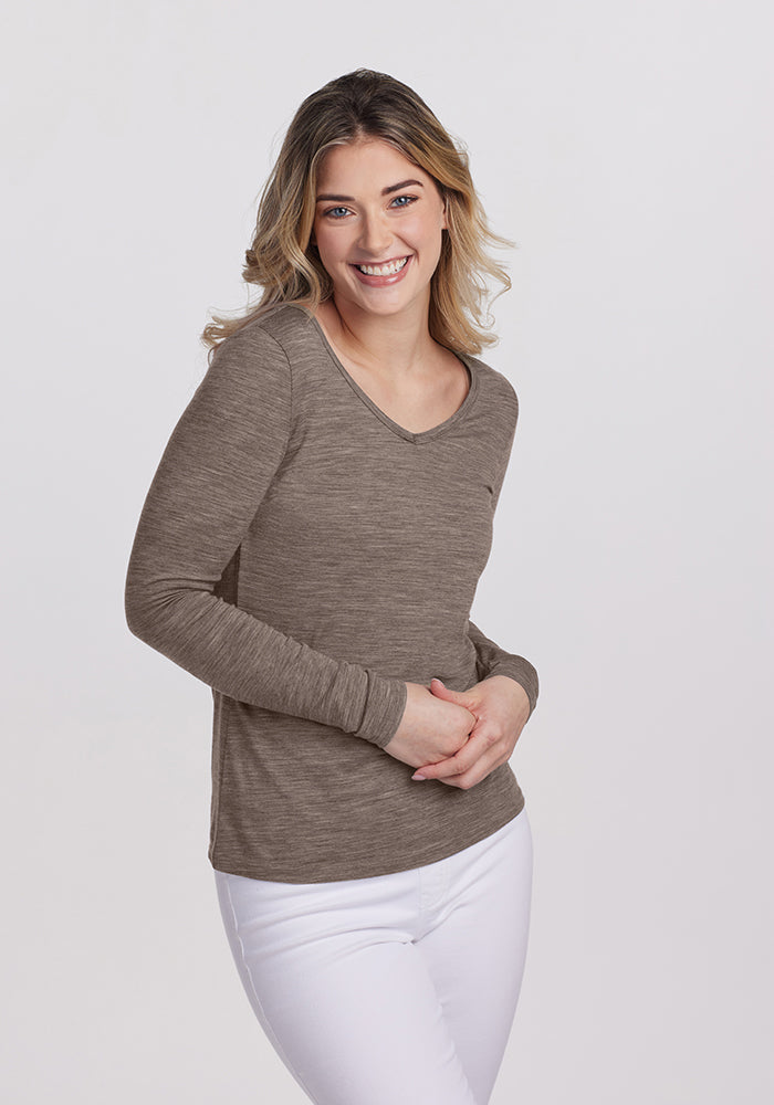 Womens V Neck Merino Wool Long Sleeve Top - Woolx Layla -Free Shipping
