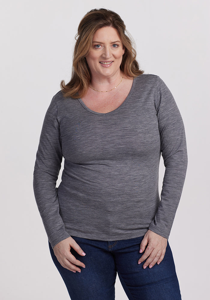 Womens V Neck Merino Wool Long Sleeve Top - Woolx Layla -Free Shipping
