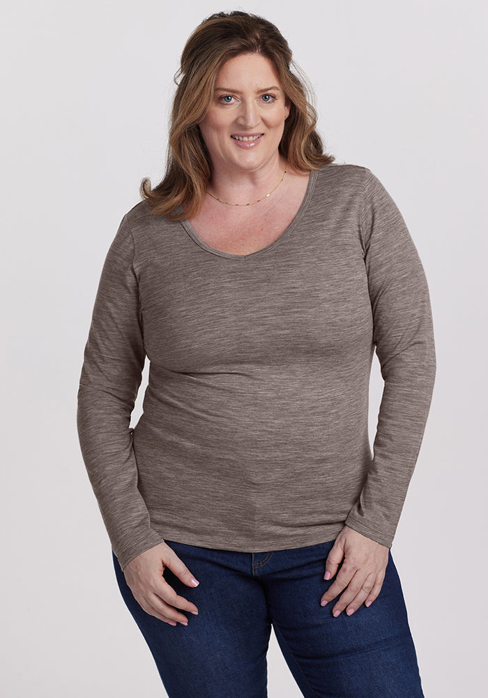 Womens V Neck Merino Wool Long Sleeve Top - Woolx Layla -Free Shipping