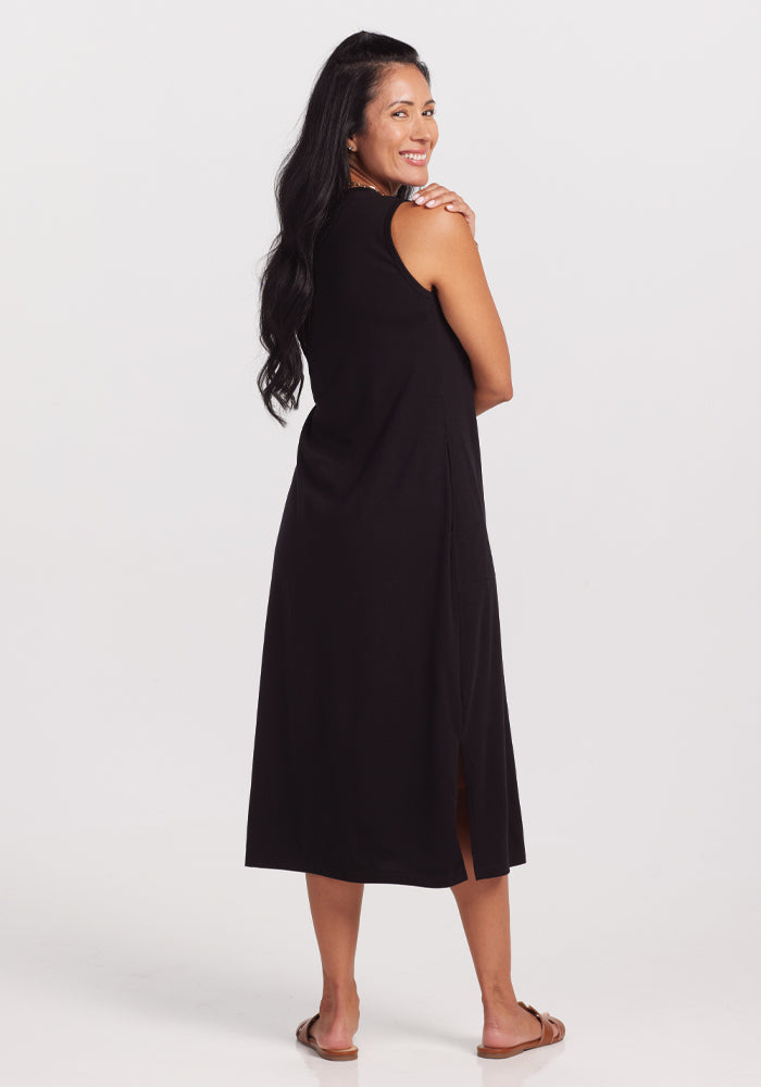 Black Merino Wool Dress - Midi Length Cooling Dress For Women - Woolx