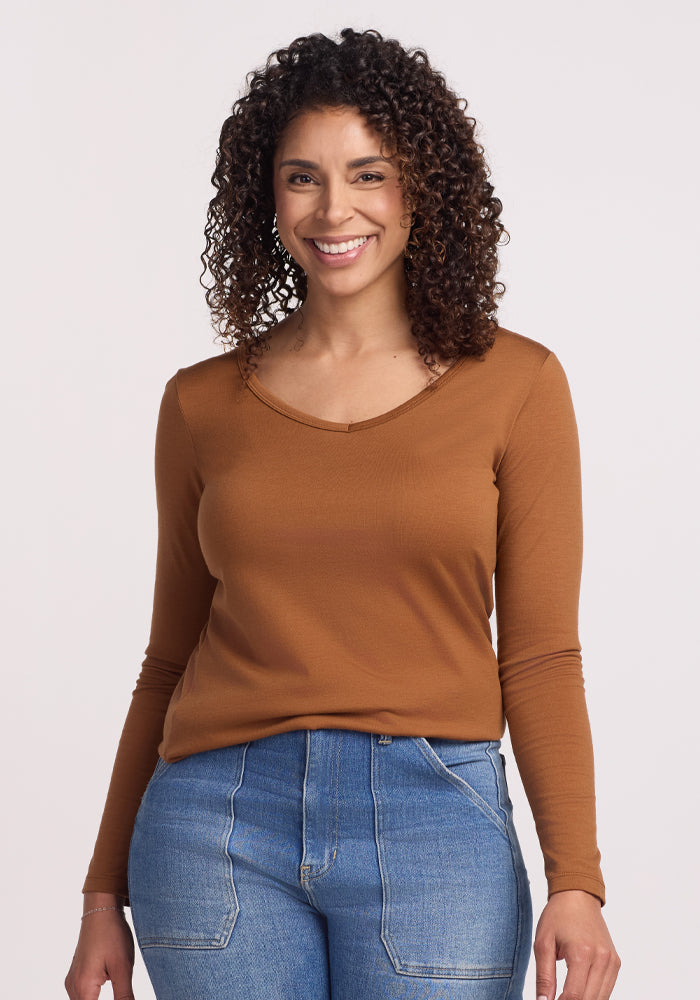 Womens V Neck Merino Wool Long Sleeve Top - Woolx Layla -Free Shipping