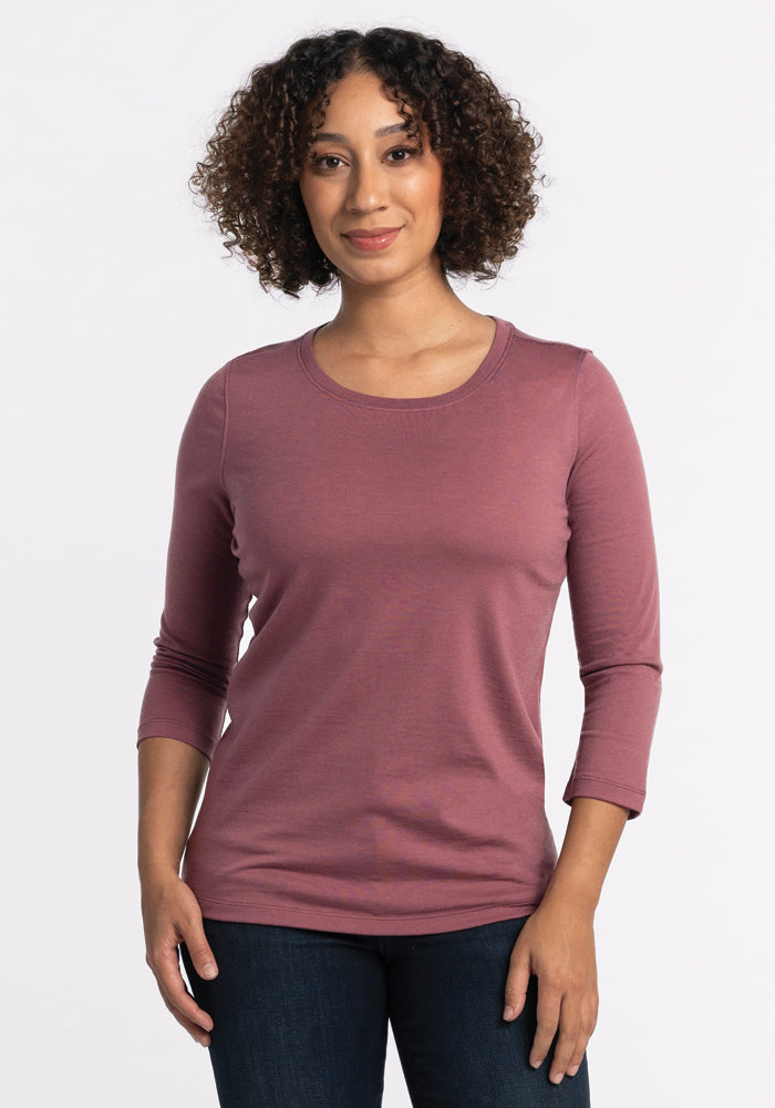 Women's 3/4 Sleeve Merino Wool Crew Neck Top - Woolx Jenny Tee
