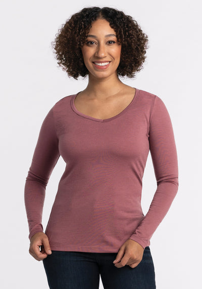 Womens V Neck Merino Wool Long Sleeve Top - Woolx Layla -Free Shipping