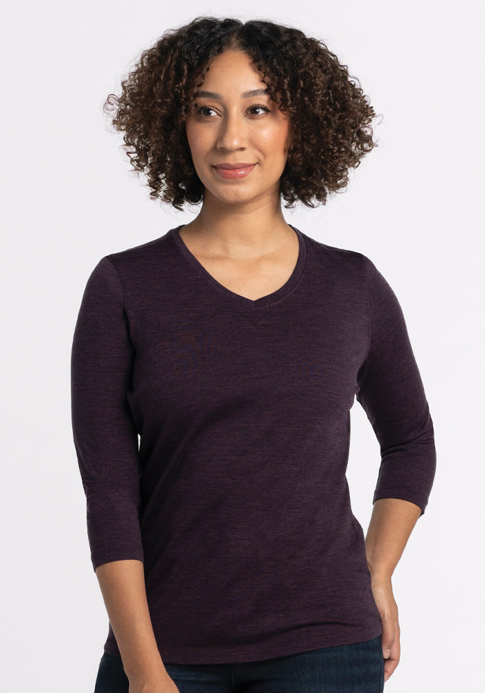 Women's 3/4 Sleeve Merino Wool Top - Woolx Elena - Free Shipping