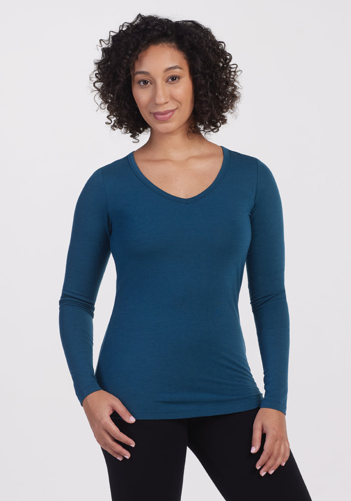 Womens V Neck Merino Wool Long Sleeve Top - Woolx Layla -Free Shipping